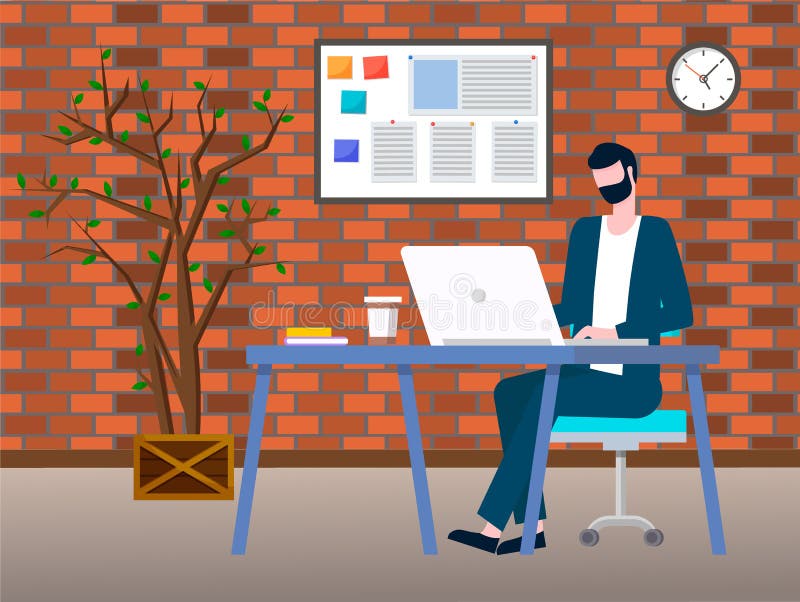 Man Work on Laptop, Board with Notes and Tasks Stock Vector ...