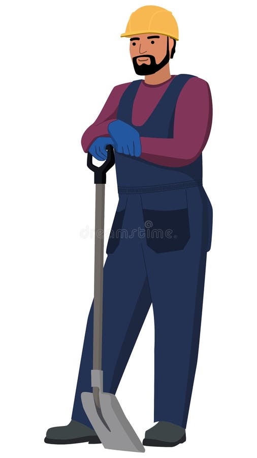 Man in Work Overalls and Hard Hat Stands Leaning on Shovel, Isolated on ...