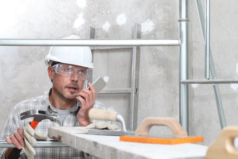 Man Work, Professional Construction Worker with Mobile Cell Phone ...