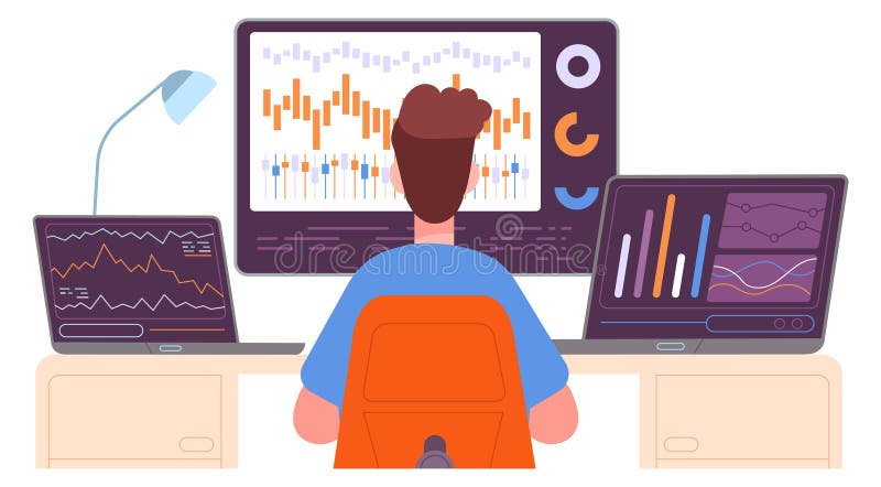 Man Work with Statistics on Computer Screens. Data Analyst Stock Vector ...