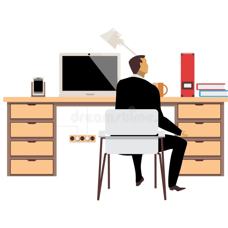 Man at Work Vector Workspace with Computer on Desk Stock Illustration ...