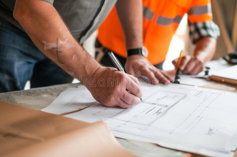 Man in Work Vest Drawing on Architectural Plans Stock Photo - Image of ...