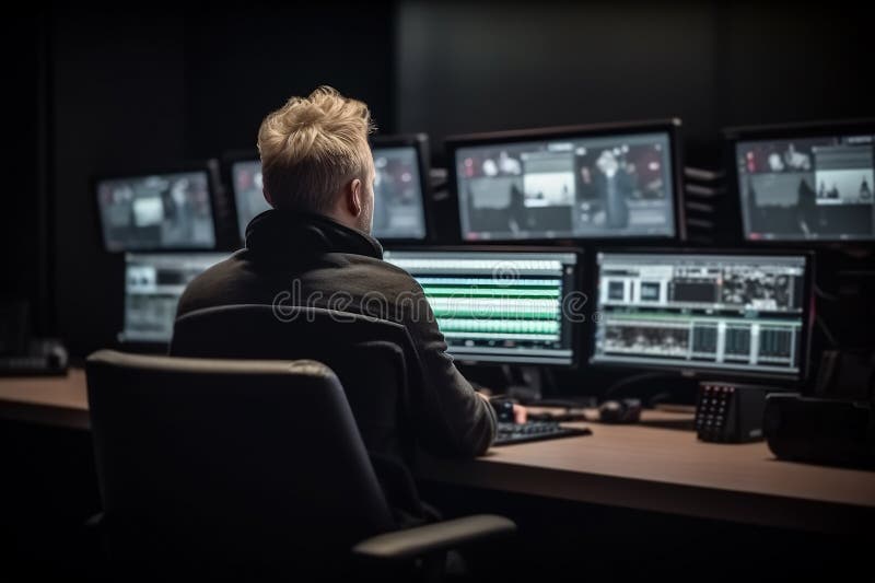 Man Work With Video Editor Works Behind Multiple Monitors Generative Ai