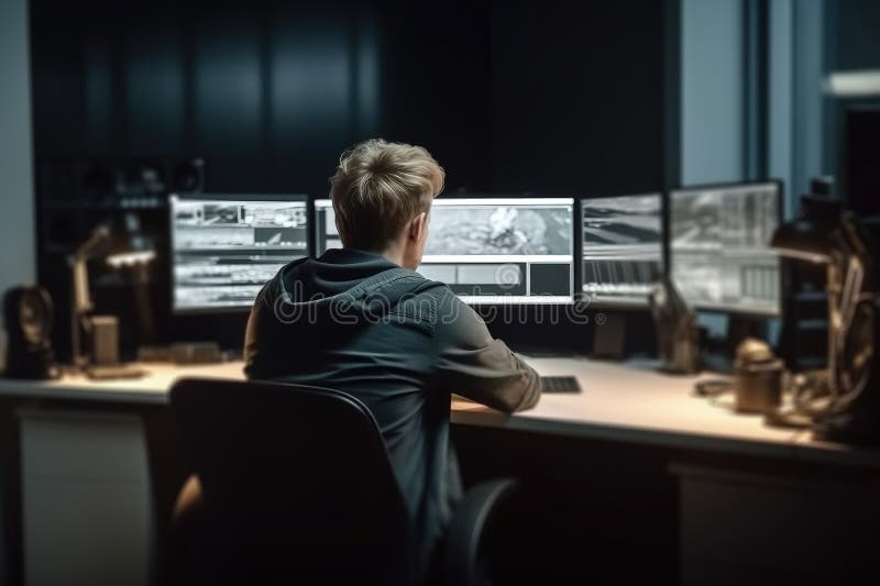 Man Work with Video Editor Works Behind Multiple Monitors Generative Ai ...