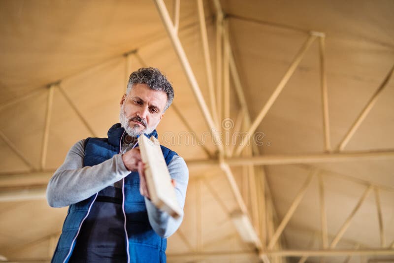 A Man Worker in the Carpentry Workshop, Working with Wood. Stock Photo ...