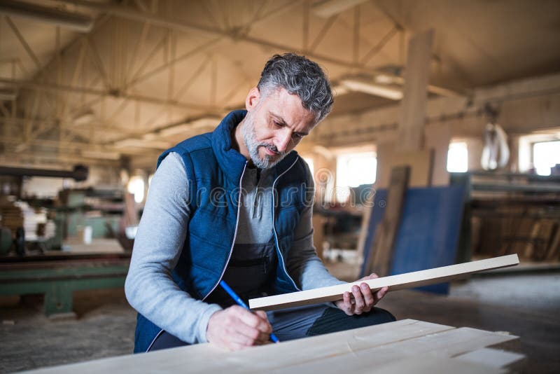 A Man Worker in the Carpentry Workshop, Working with Wood. Stock Photo ...