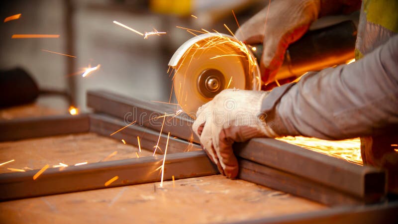 A Man Worker Cutting Metal Beam in Half Using Grinder Machine Stock ...