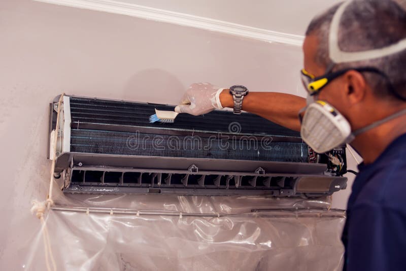 Man Worker Doing Cleaning of Air Conditioning Stock Photo - Image of ...