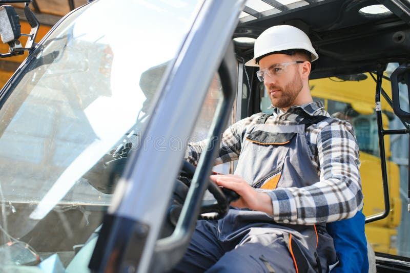 Man Worker at Forklift Driver Happy Working in Industry Factory ...