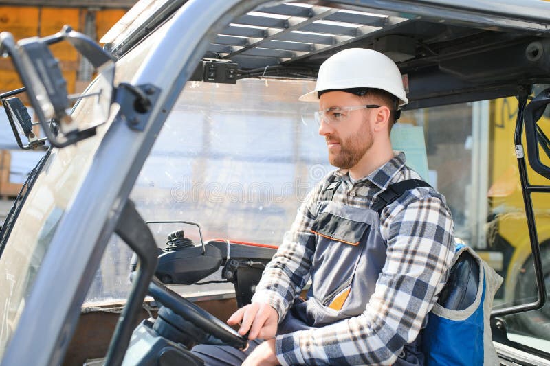 Man Worker at Forklift Driver Happy Working in Industry Factory ...