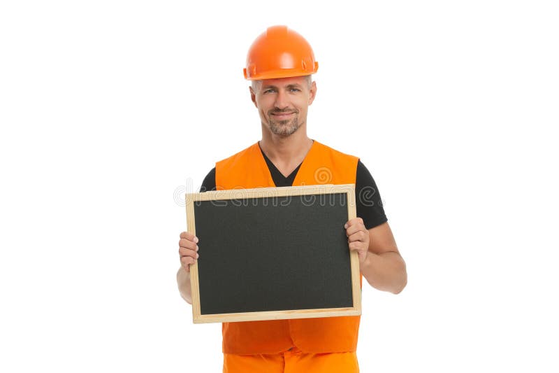 Man Worker Hold Blackboard with Copy Space. Engineer Advertisement ...