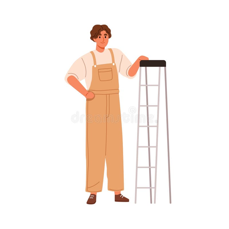 Man Worker with Ladder. Builder, Repairman in Overalls Standing with ...