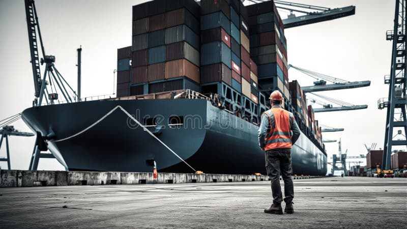 A Man Worker Operates at a Container Cargo Harbor, Managing the Loading ...