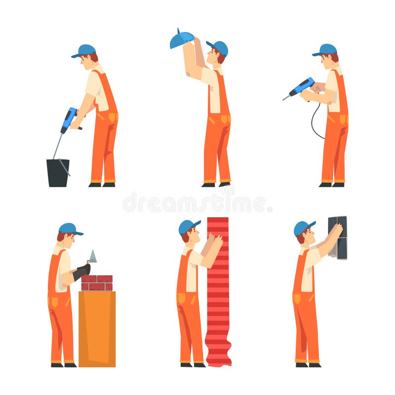 Man Worker in Overall Doing Maintenance Work Vector Set Stock Vector ...