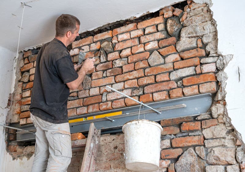 Man Worker Reconstructing Old Stone Wall Stock Image - Image of builder ...