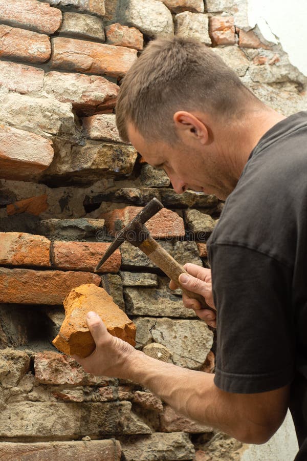 Man Worker Reconstructing Old Stone Wall Stock Image - Image of ...