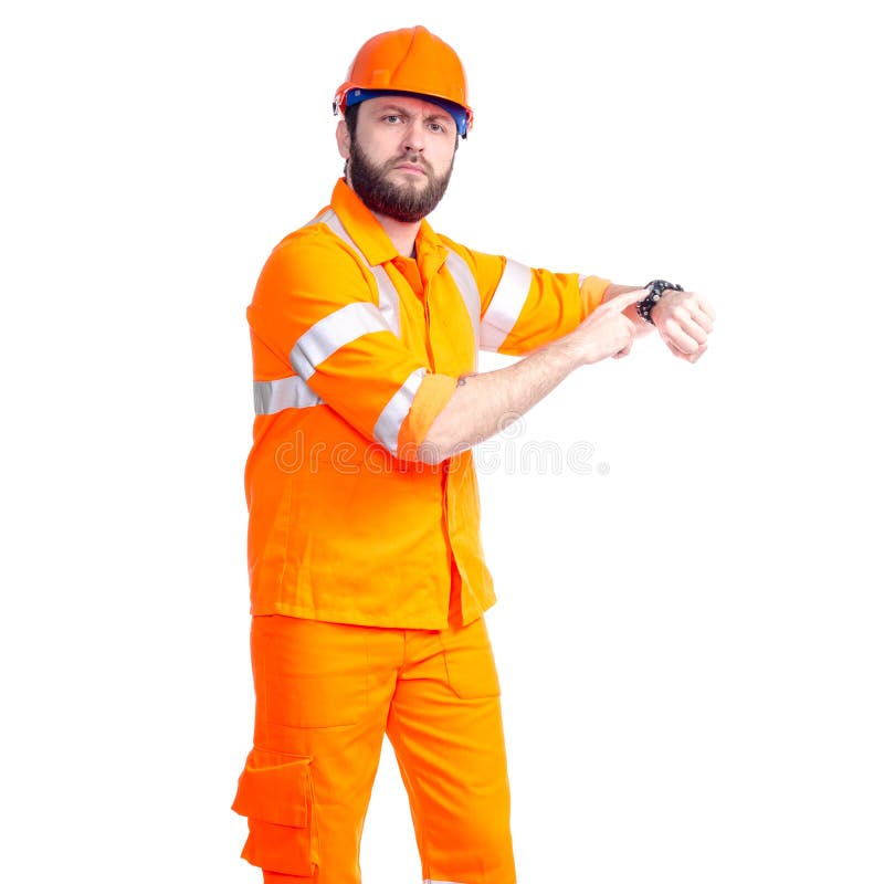 Man Worker Road Constructor Looking on Watch, Deadlines Stock Image ...