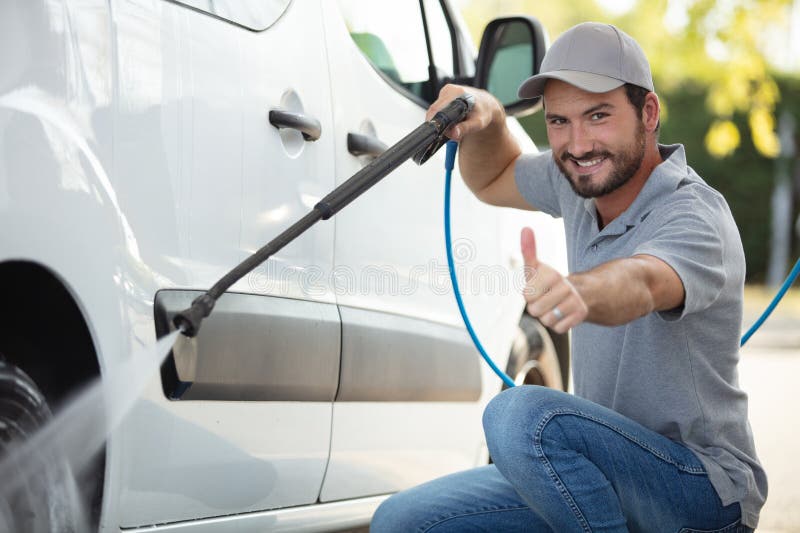 Man Worker Washing Car on Car Wash Stock Image - Image of toned, glass ...
