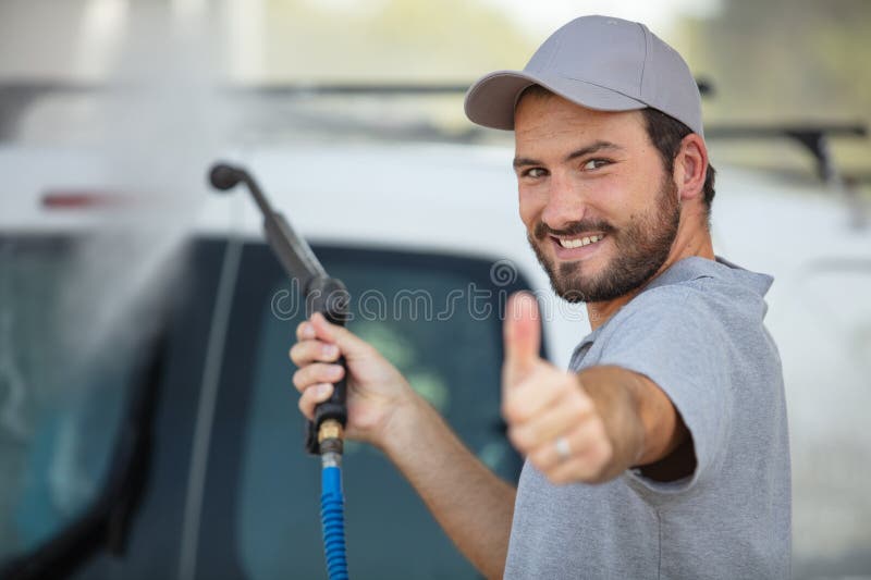 Man Worker Washing Car on Car Wash Stock Image - Image of glass ...