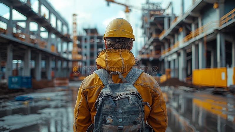 Man Worker Wearing Yellow Jacket and Carrying Backpack. Construction ...