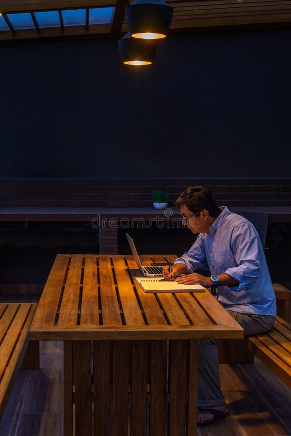 Senior Man Working With His Computer At Night Stock Photo - Image of ...