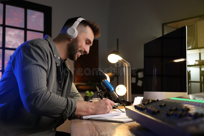 Man Working As Radio Host in Modern Studio Stock Photo - Image of audio ...