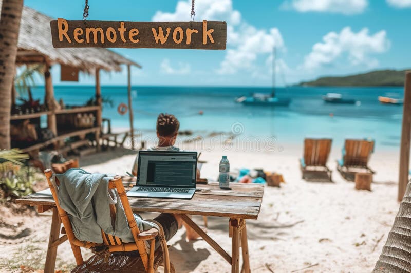 A Man Working from the Beach with Laptop. Remote Work Concept ...