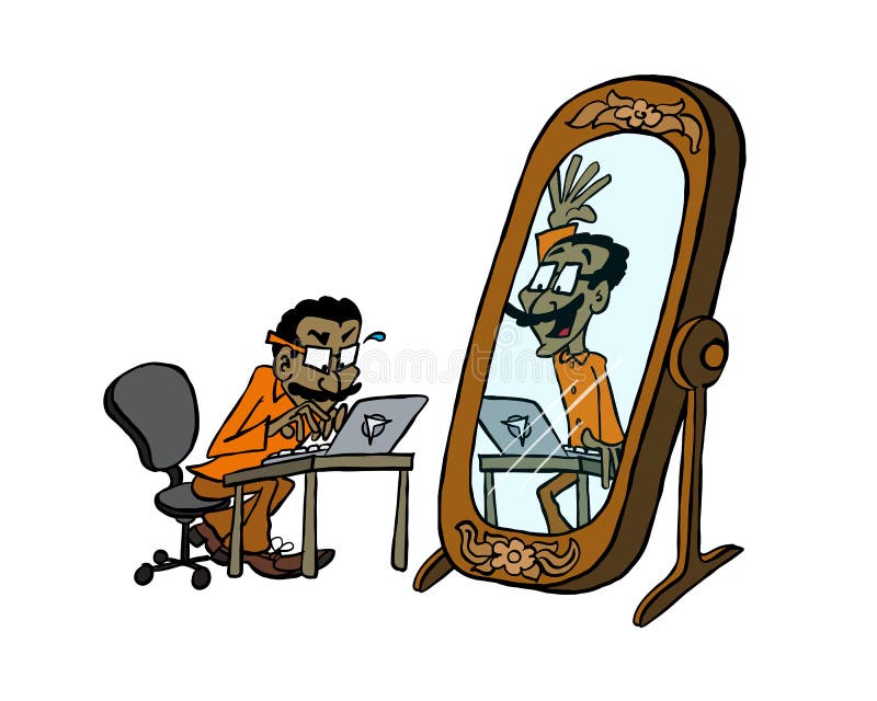 Man Working Behind Computer and Ignoring His Own Reflection in the ...