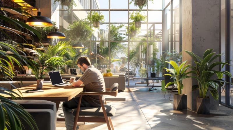 Man Working in Bright Spacious Office with Palm Trees Stock Image ...