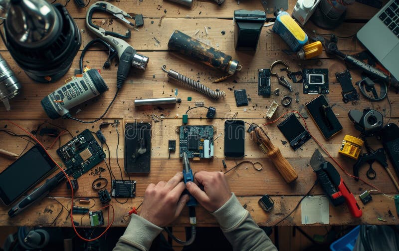 A Man is Working on a Broken Electronic Device on a Table. the Table is ...