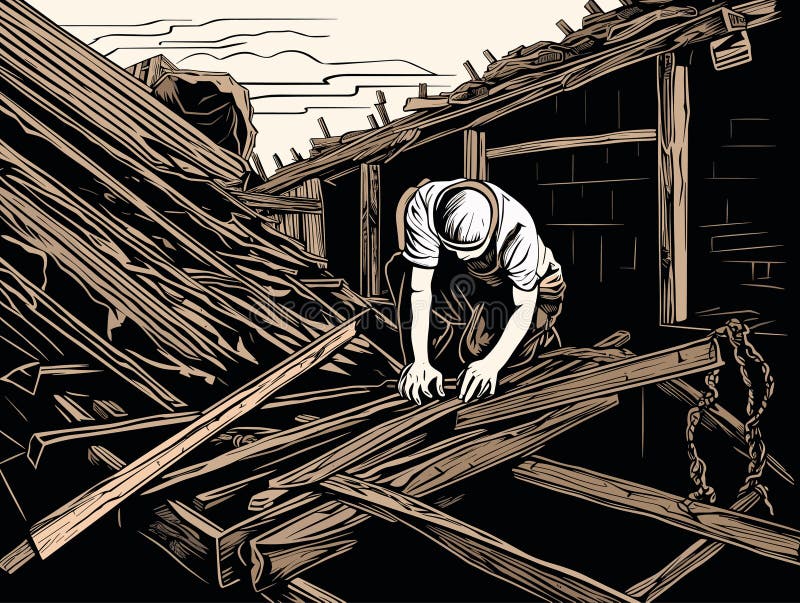 A Man Working on a Broken Roof - a Woman Working Intensive on a House ...