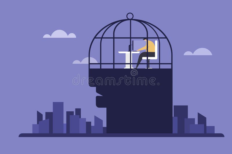 A Man Working in a Cage Structure Inside His Brain. Stock Vector ...
