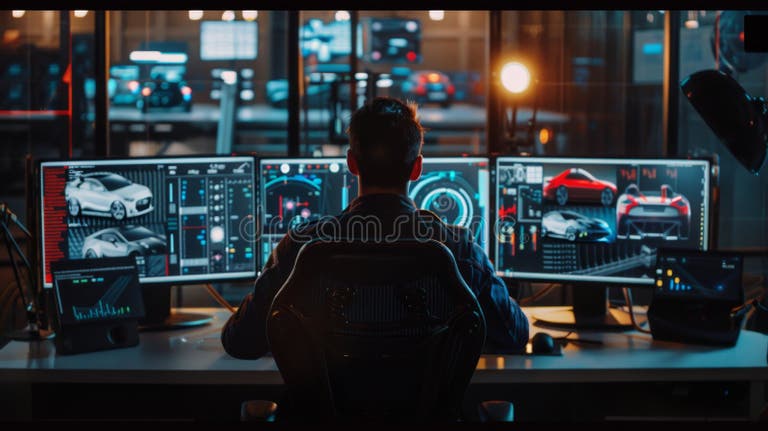 Man Working on Car Design Software in High-Tech Automotive Lab ...