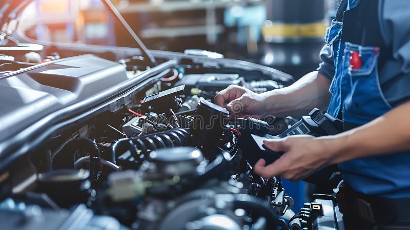 Man Working on Car Engine in Garage, Surrounded by Automotive Parts and ...