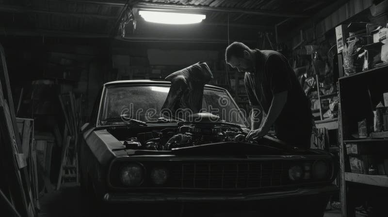 Man Working on Car S Engine in Garage with Shadowy Lighting, Car ...