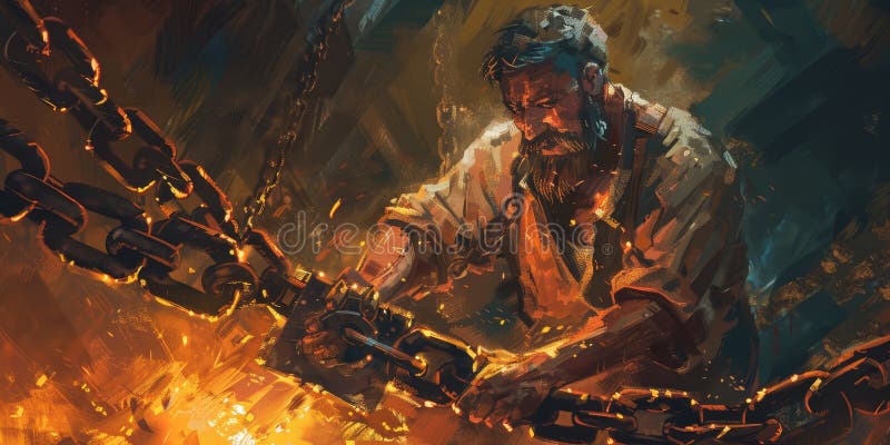 A Man is Working on a Chain in a Fiery Environment Stock Illustration ...