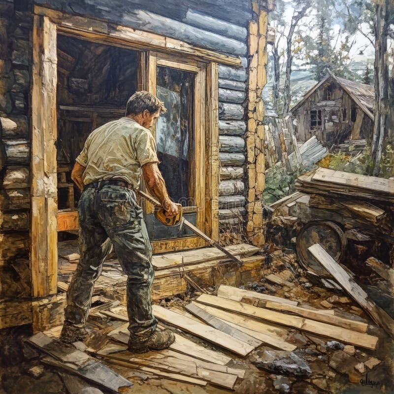 Man Working with a Chainsaw in a Log Cabin, Collage Stock Illustration ...