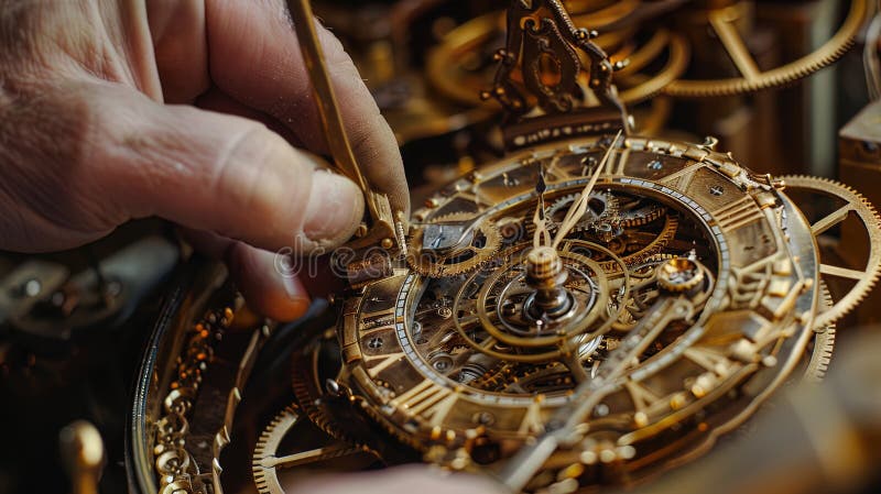 A Man is Working on a Clock with a Lot of Gears Stock Illustration ...