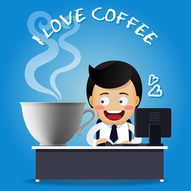 Man Working on Computer and Big Coffee Cup Stock Vector - Illustration ...