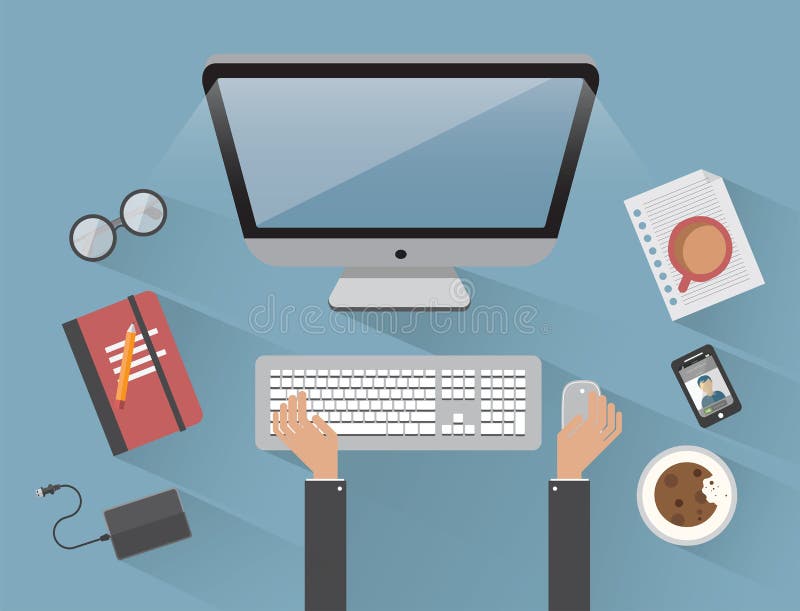 Man Working on Computer at Blue Desk Stock Vector - Illustration of ...