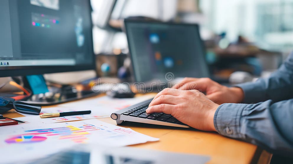 Man Working on Computer with Charts and Graphs Analyzing Data for ...