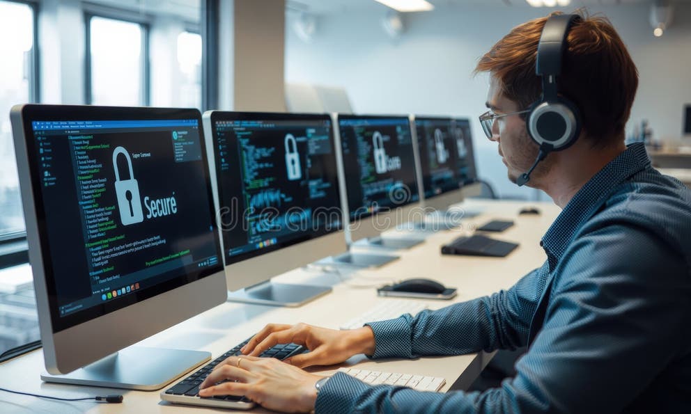 Man Working on Computer with Coding on Screen, Focusing on Cybersecurity. Environment is Modern ...