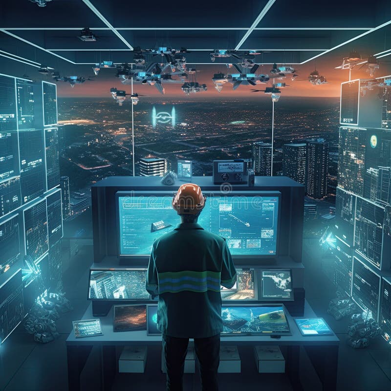 A Man Working on a Computer in a Cyber Room Stock Illustration ...