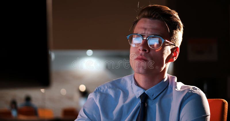 Man Working on Computer in Dark Office Stock Image - Image of ...