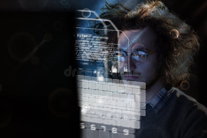 Man Working on Computer in Dark Office Stock Photo - Image of ...