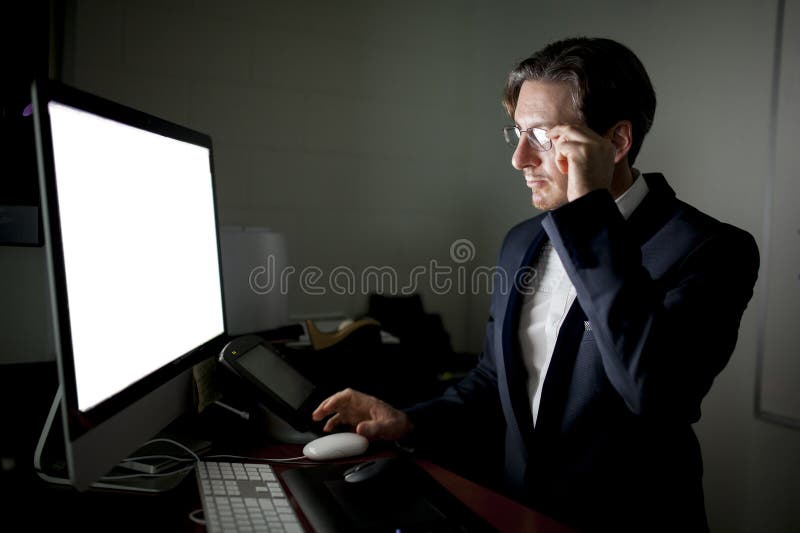Man Working on Computer in Dark Stock Photo - Image of caucasian ...