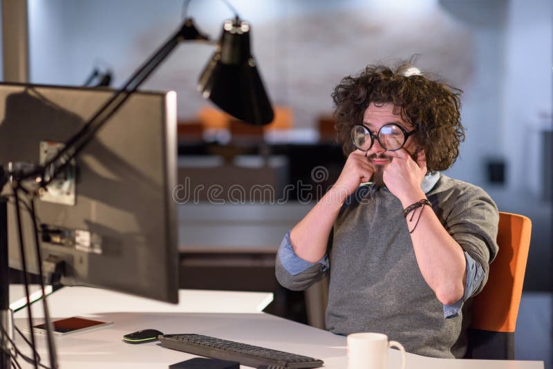 Man Working on Computer in Dark Startup Office Stock Photo - Image of ...