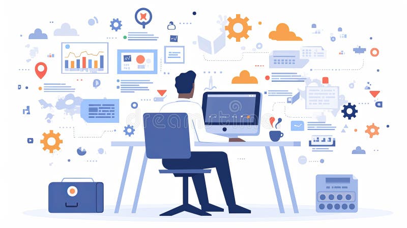 Man Working on Computer with Data Visualization and Digital Interface Illustrations Stock ...