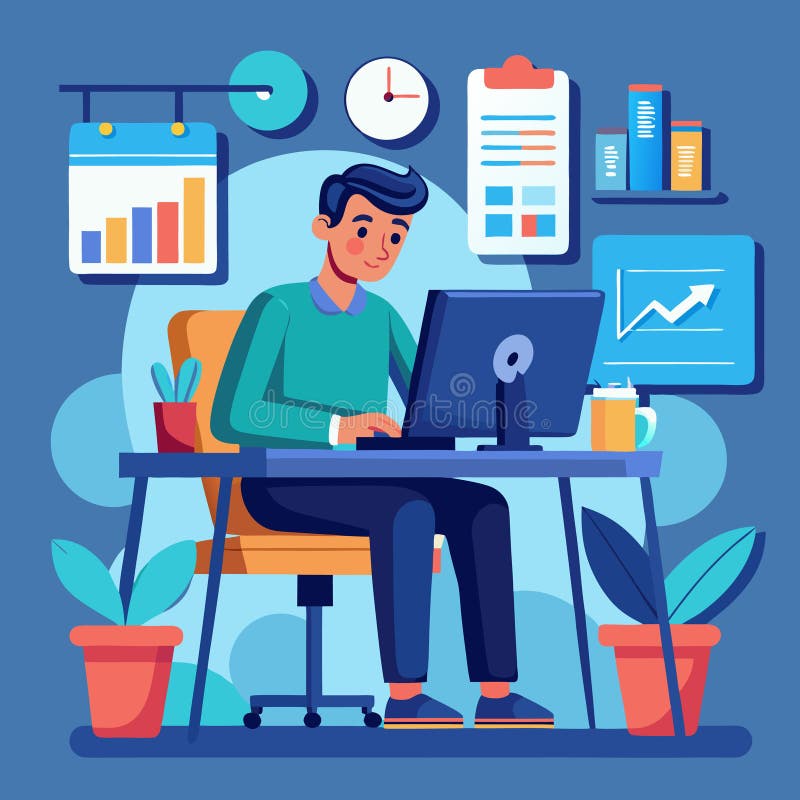 Man Working on Computer at Desk in Office, Analyzing Charts and Graphs ...