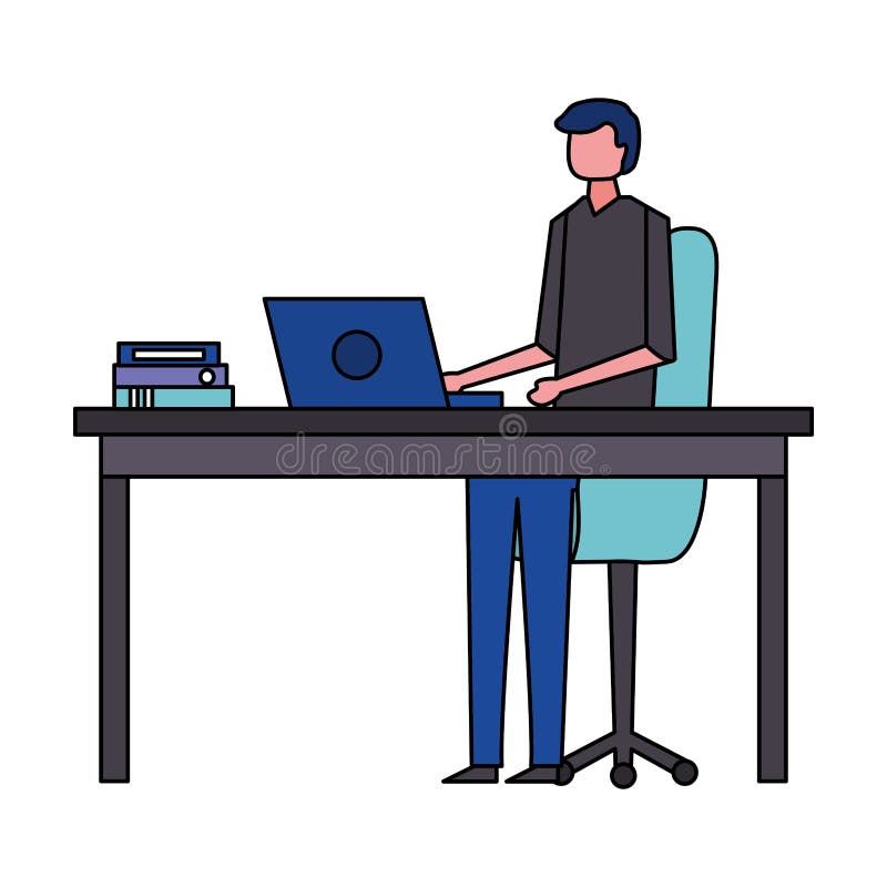 Man Working with Computer at Desk Office Stock Vector - Illustration of ...
